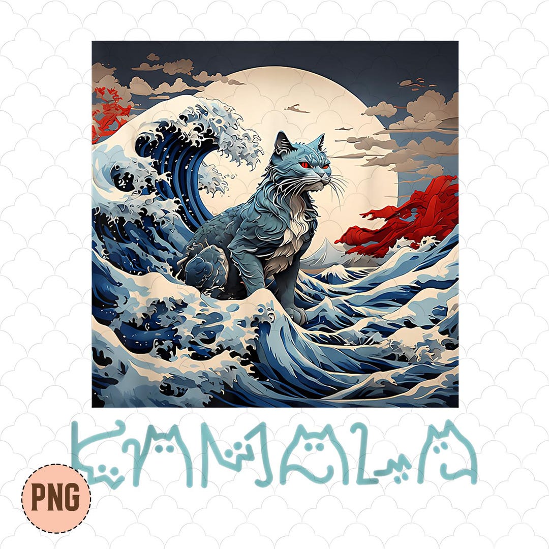 Blue Wave Cat for Kamala Png, Ukiyo-e Inspired Japanese Artistic Cat ...