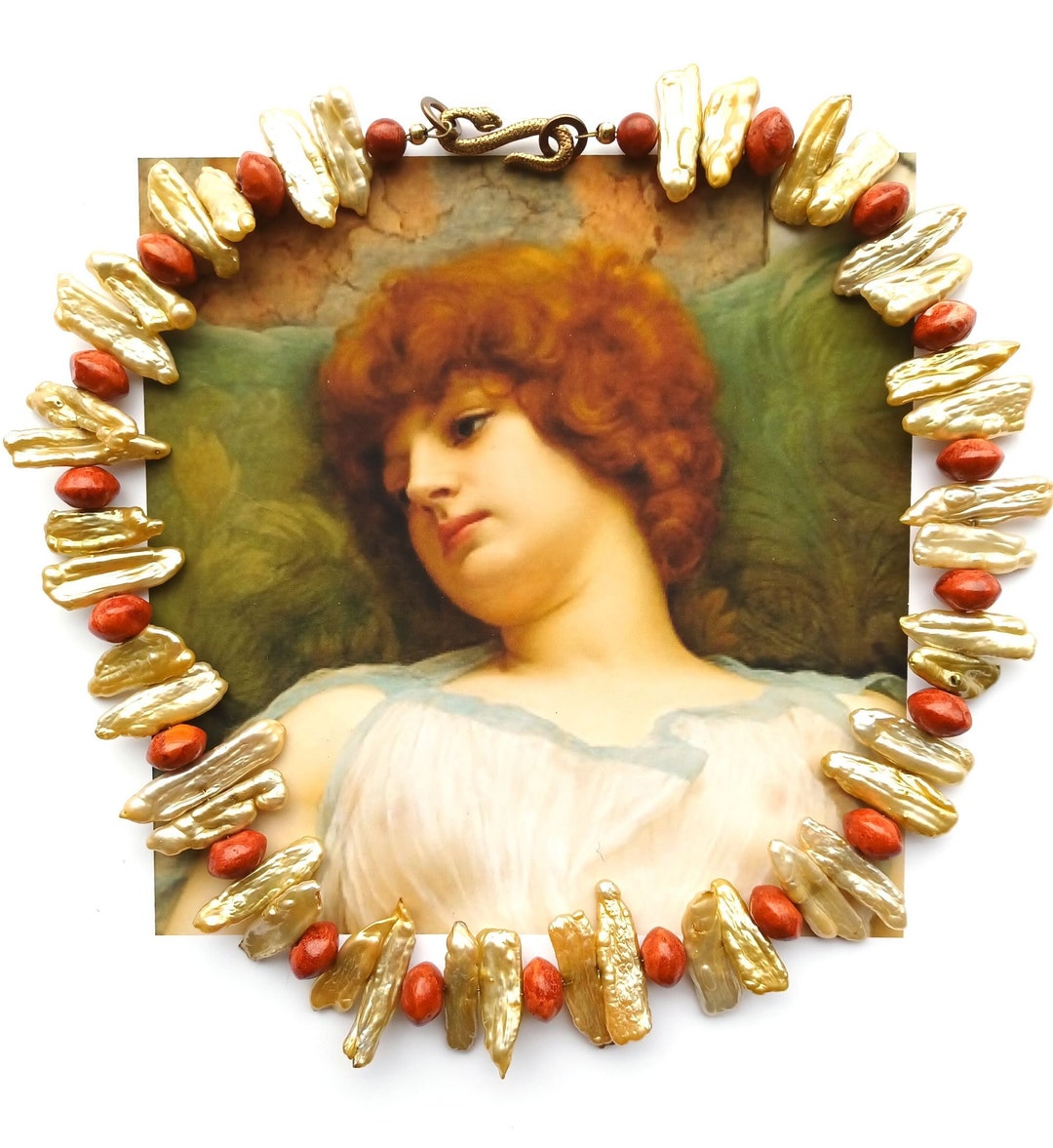 GLOW Biwa Pearl Choker, Statement Choker, Bridal Choker, Sponge Coral ...