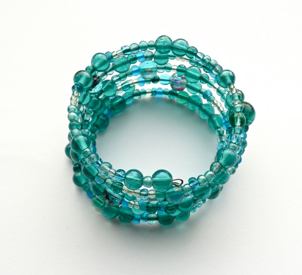 BUBBLING WATER Aqua Coil Bracelet, Sea Green Glass Cuff, Aqua Blue ...