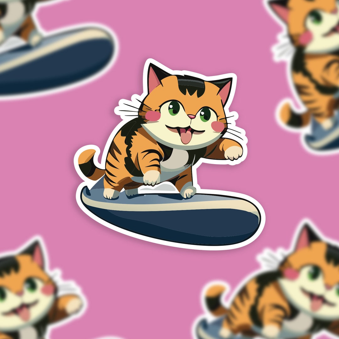 Surfing Cat Sticker Waterproof Decal for Bottles & Phones, Laptop Funny ...
