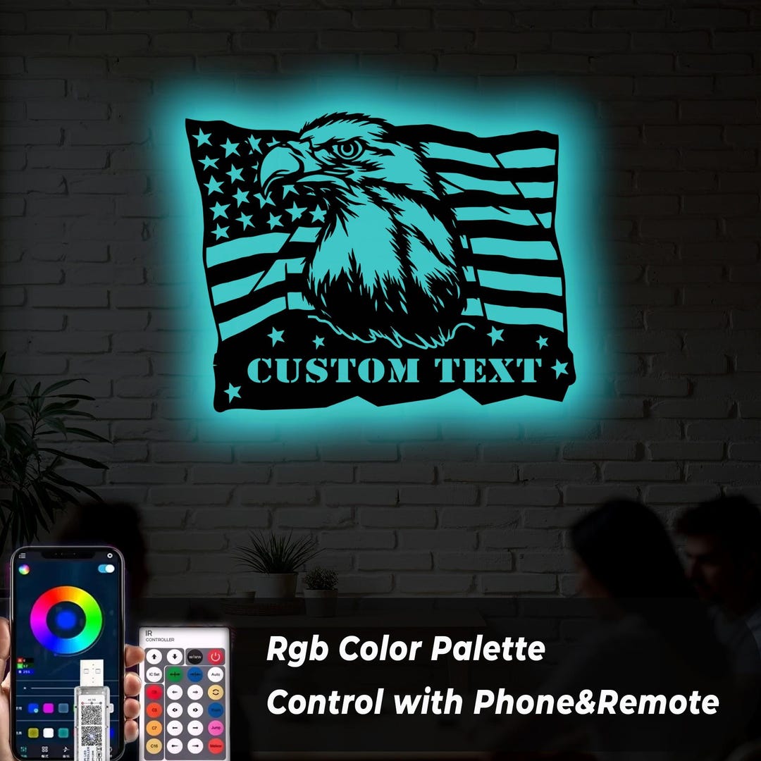 Personalized USA Flag Eagle LED Light Metal Wall Decor - Custom ...