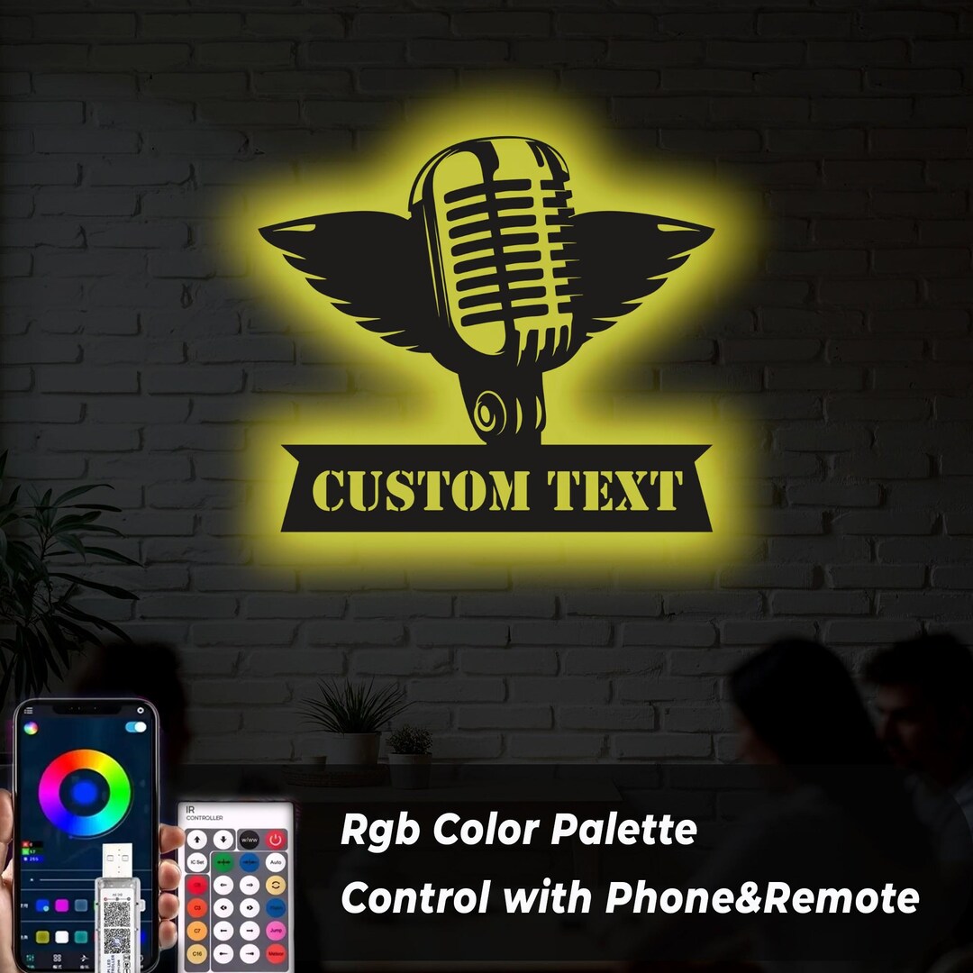 Personalized Microphone LED Wall Art - Metal Music Wall Decor, RGB ...