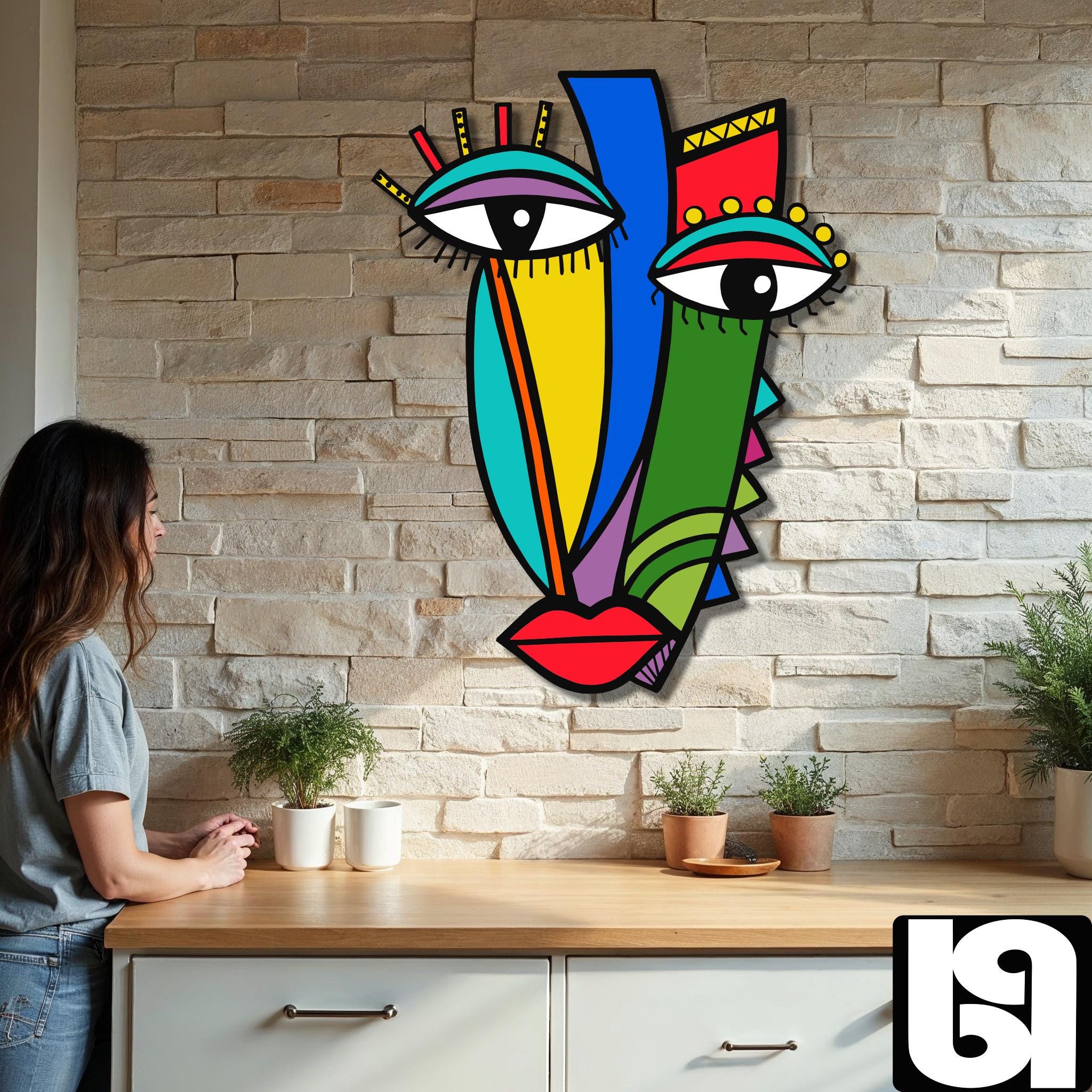 Picasso Style Colorful Face Metal Wall Art – Modern Abstract Line Art ...