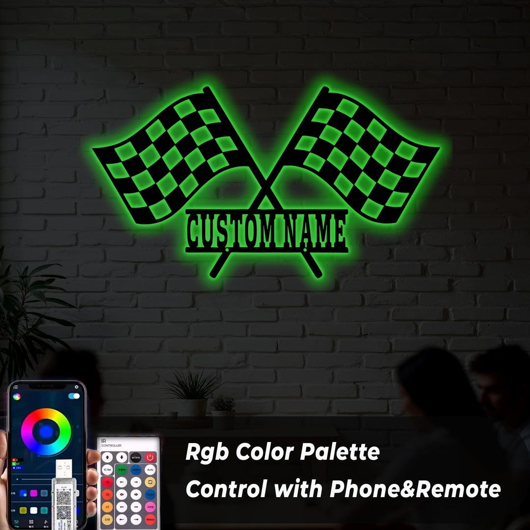 Personalized Racing Flag RGB LED Light Metal Wall Art - Custom Race Car ...