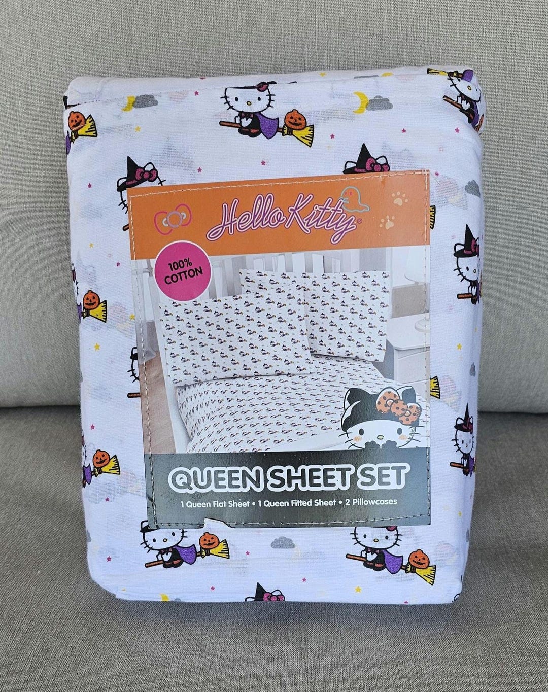 Hello Kitty Sanrio 2024 Halloween White Queen Sheet Set Witch on Broom ...