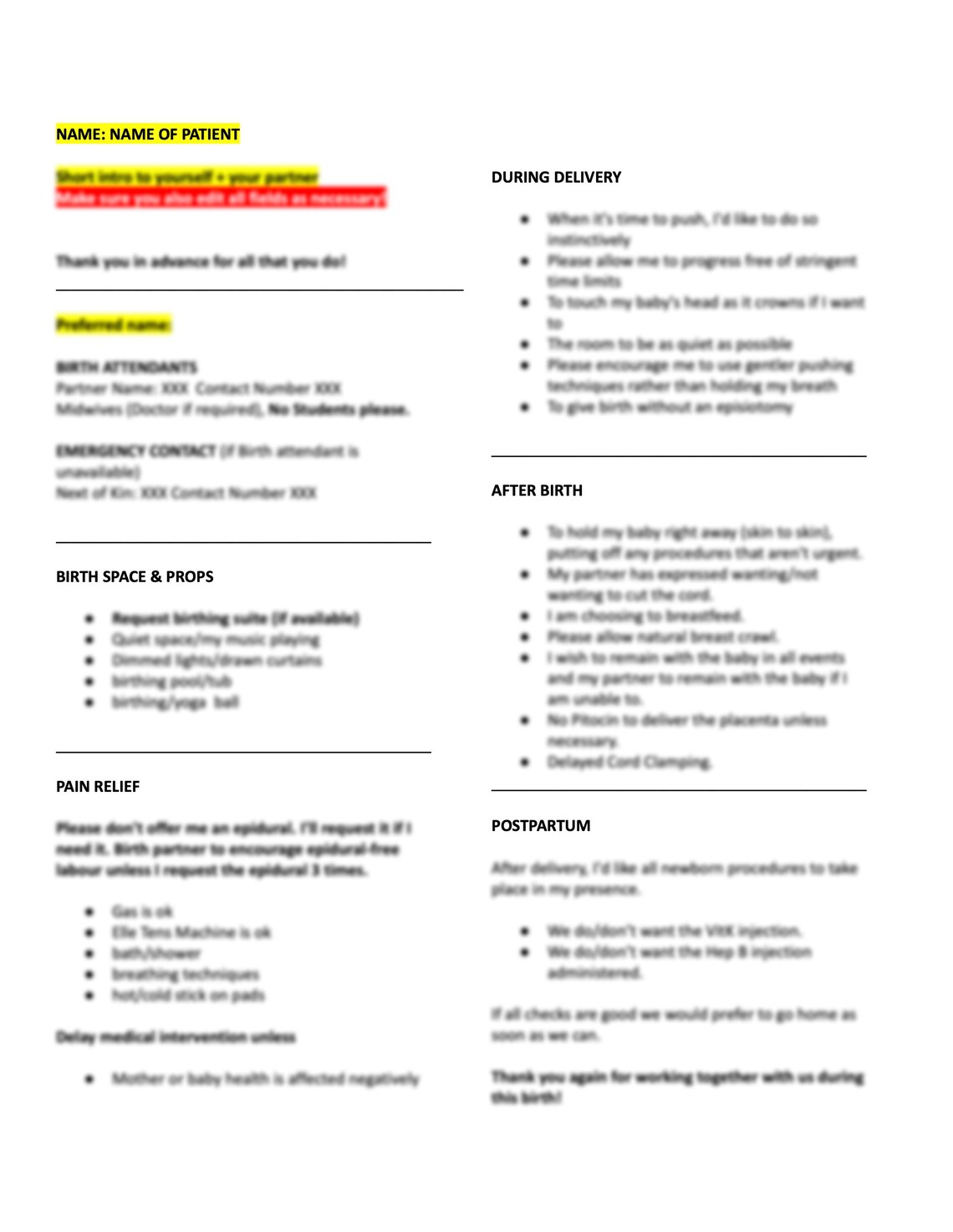 Customizable Birth Plan Template | Birth Wishes Checklist for Partners ...