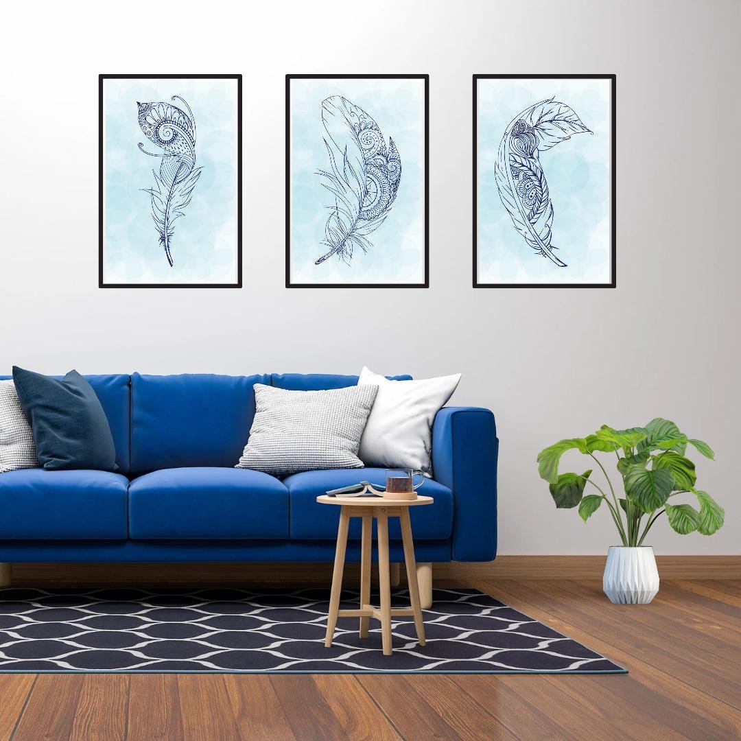 Minimalist Feather Art, Blue Watercolor Feather Posters, Boho Wall ...