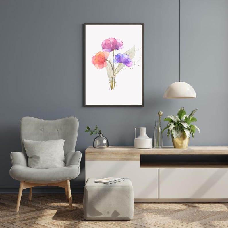 Sulu Boya Çiçek Buket Duvar Resmi, Pastel Tonlarda Çiçek Sanatı, Minimalist Çiçek Baskısı, Pembe ...