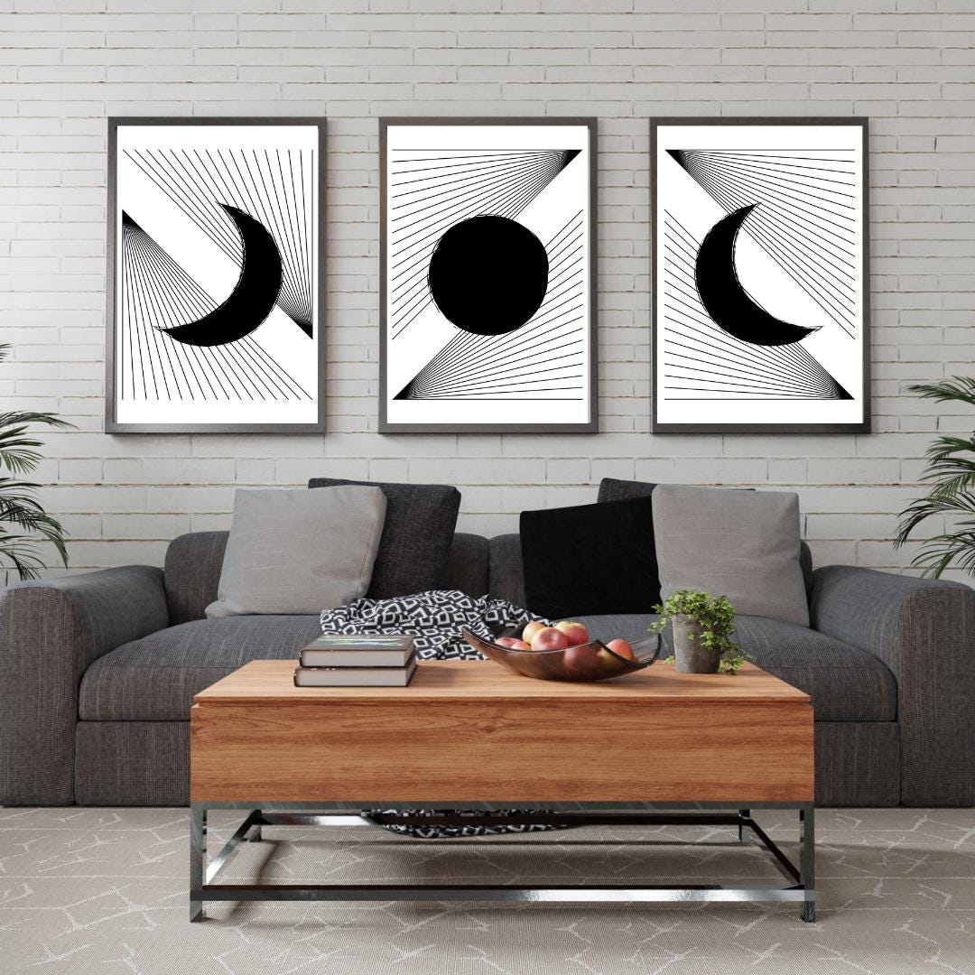 Crescent Moon Phases Wall Art Set, Geometric Moon Line Art, Black ...