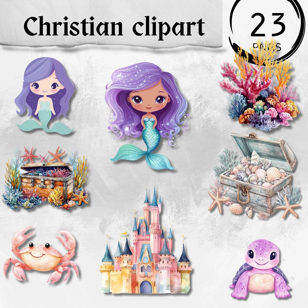 Cute Mermaid Clipart Bundle, Watercolor Mermaid PNG , Cute Sea Animals ...