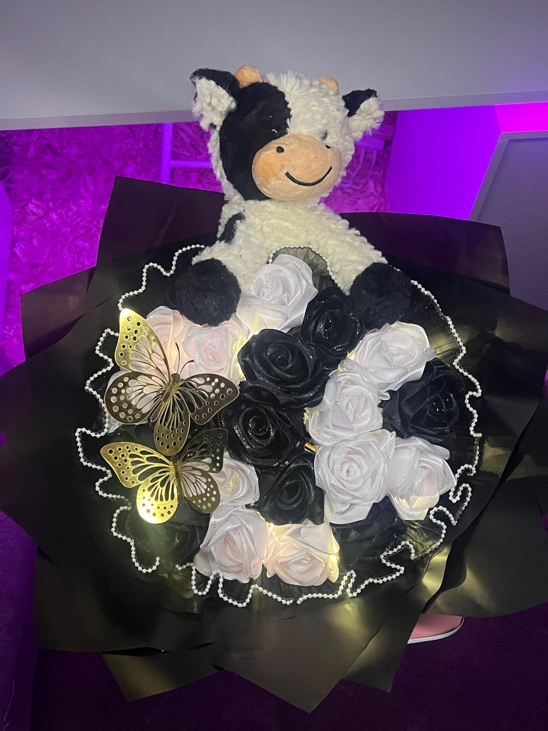 Eternal Flower Bouquet With Cow Theme & Plushie | Gold Butterflies ...