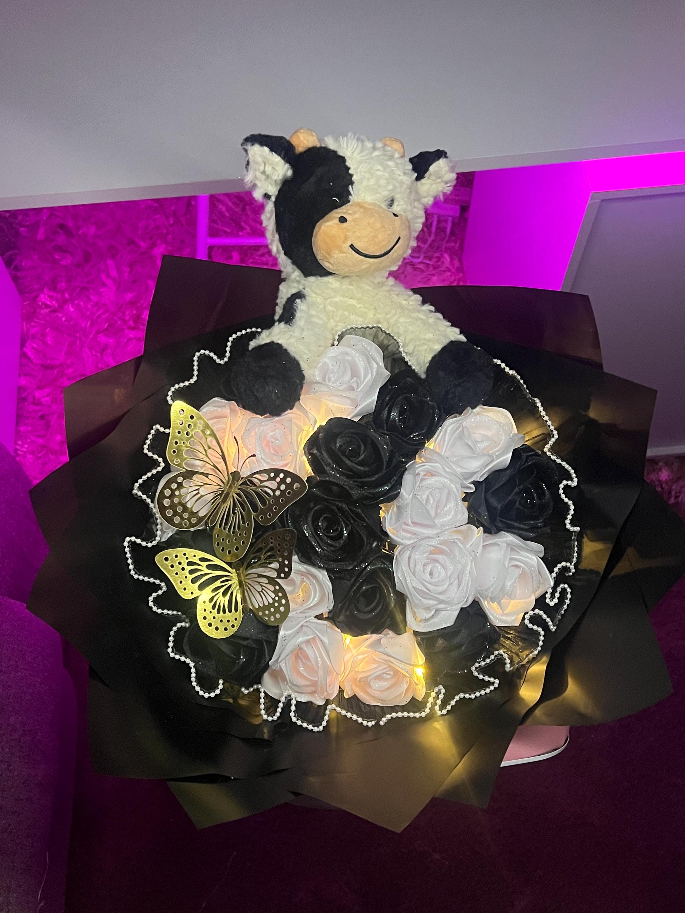 Eternal Flower Bouquet With Cow Theme & Plushie Gold Butterflies LED ...