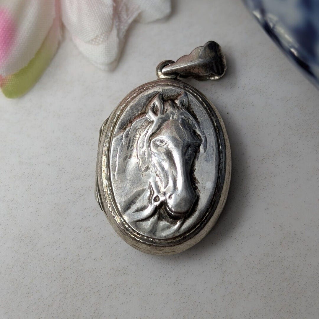Beautiful Silver Horse Head Locket Photo Pendant Vintage Sterling 925 ...