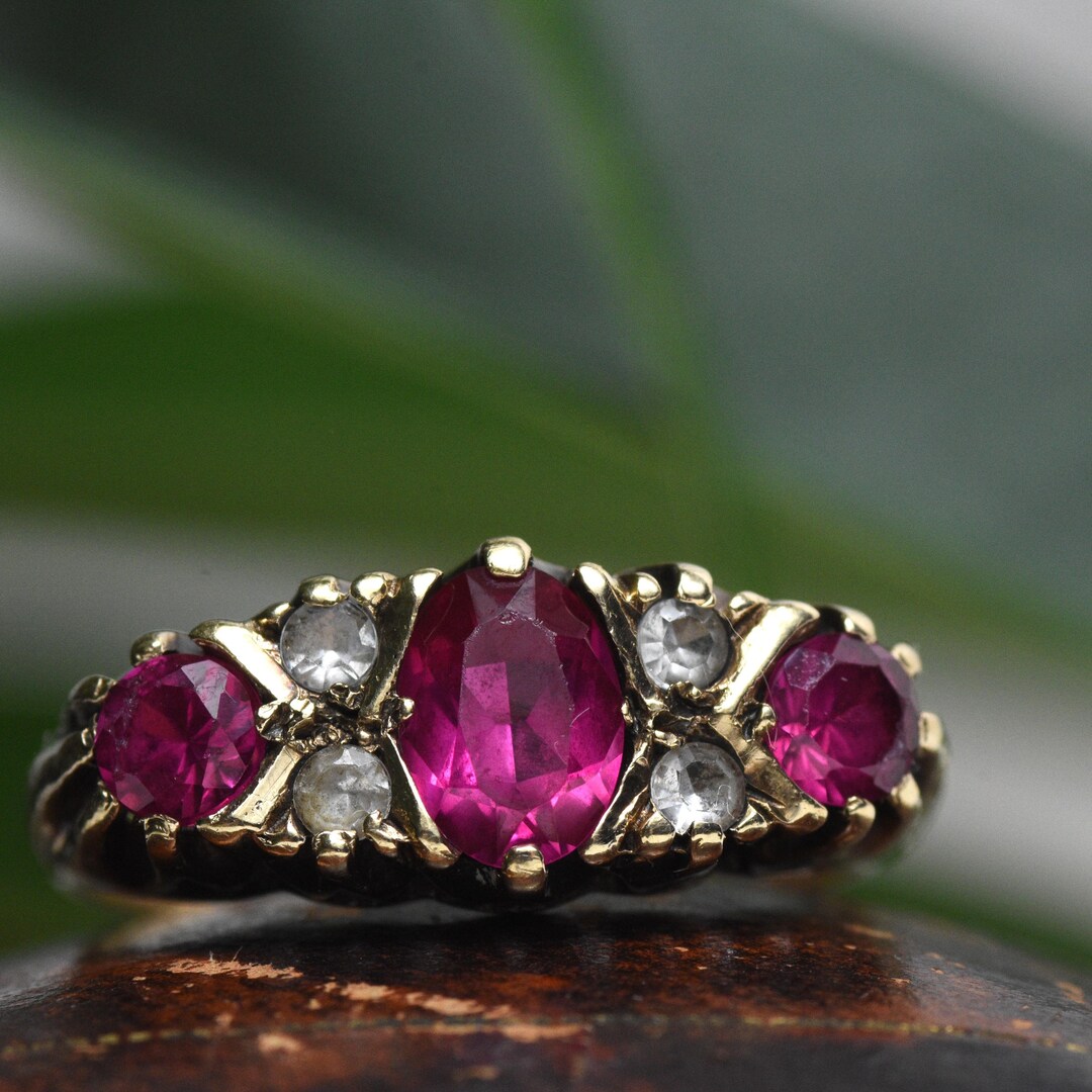 Vintage 9ct Gold Ruby Boat Ring Antique Style, Signed G&TJ Size P Three ...