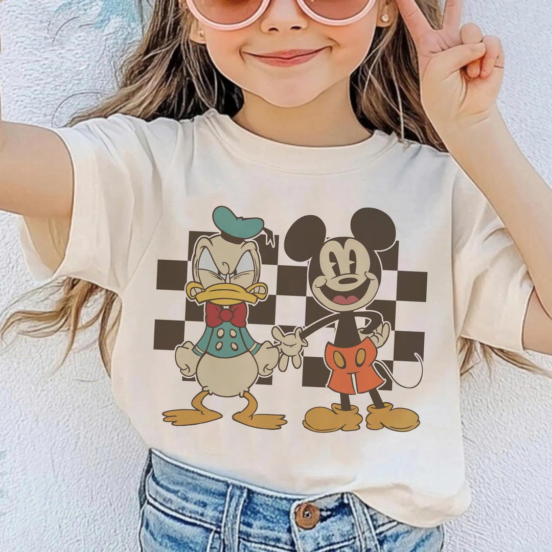 Retro Checkered Mickey Mouse and Donald Duck Fist Bump Shirt, Disney ...