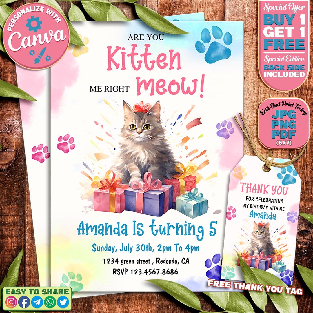 Cat Birthday Invitation , Editable Cat Birthday Invitation Template ...