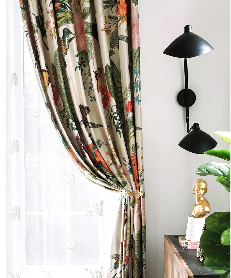 Pair of Custom Beige Velvet Curtain Panels – Hummingbird Floral ...