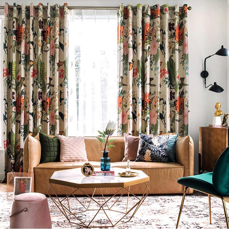 Pair of Custom Beige Velvet Curtain Panels – Hummingbird Floral ...