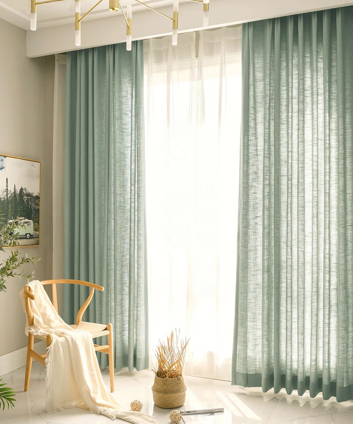 Pair of Mint Green Wave Pleated Curtain Panels - Heavyweight Cotton ...