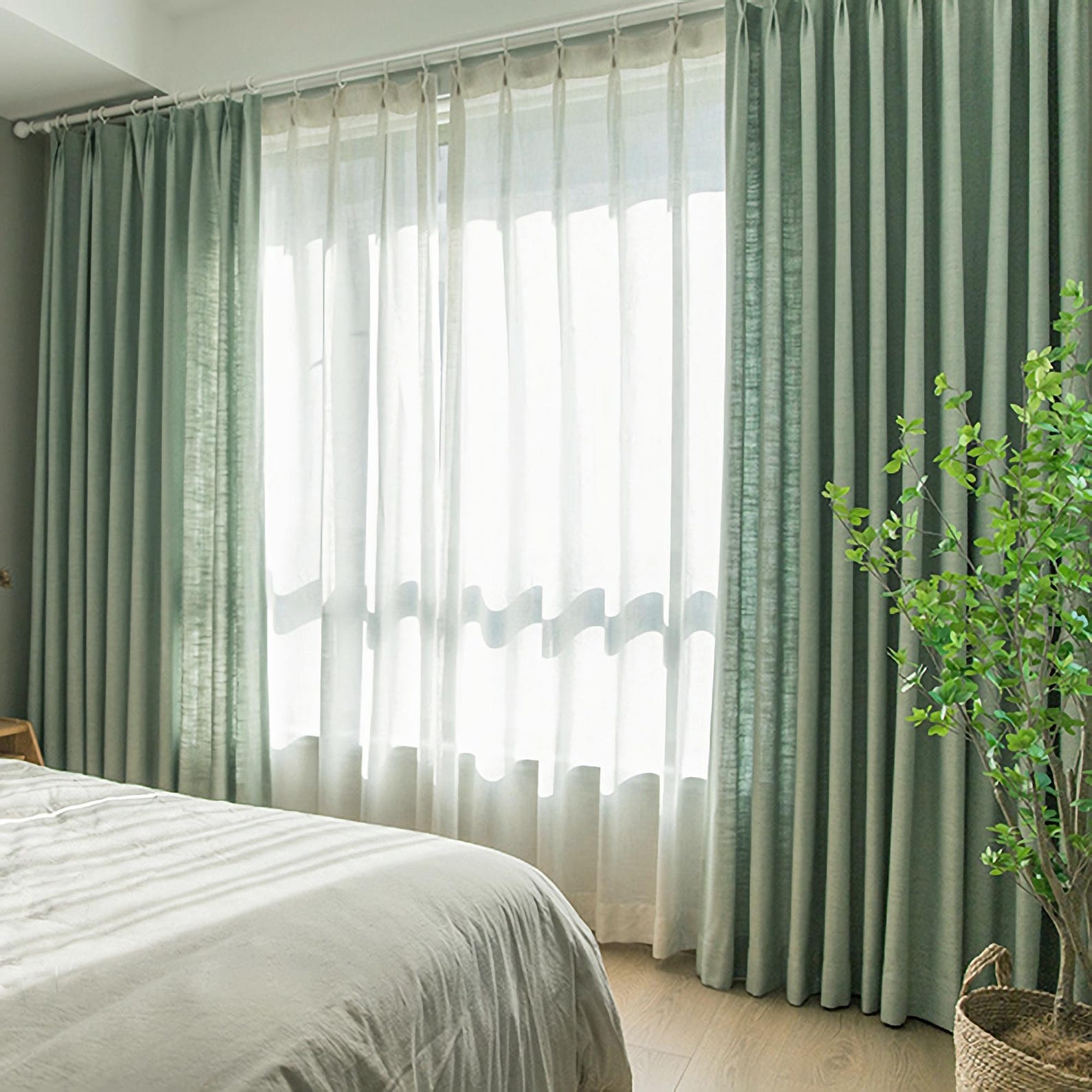 Pair of Mint Green Wave Pleated Curtain Panels - Heavyweight Cotton ...