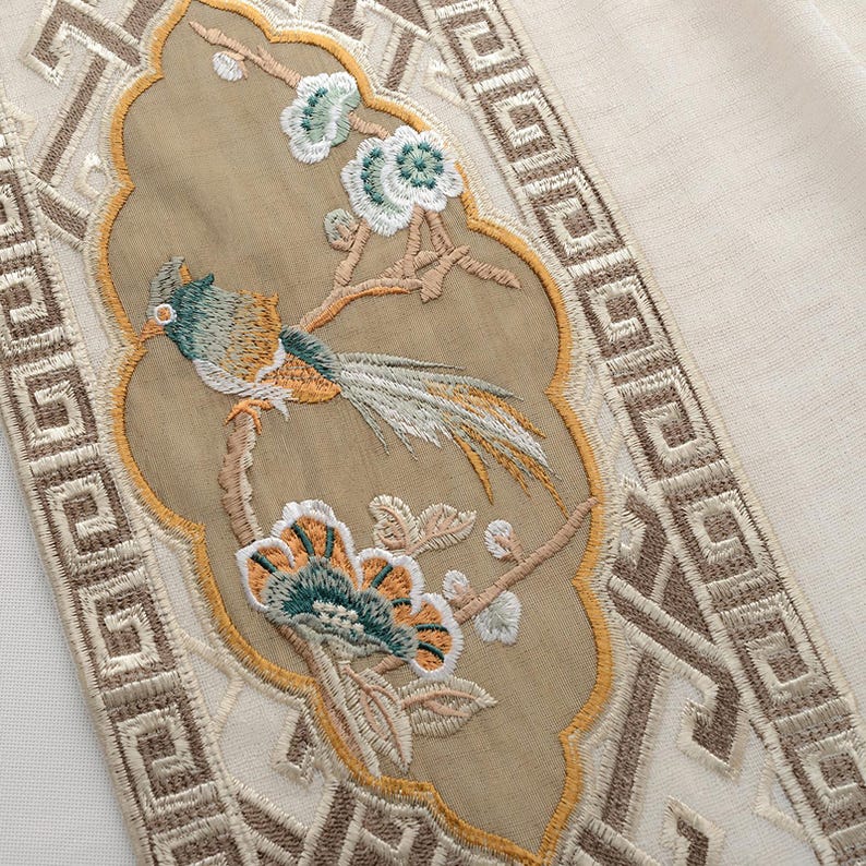 Pair of Chinese Style Sheer Panels - Bird Embroidered Linen Voile for ...