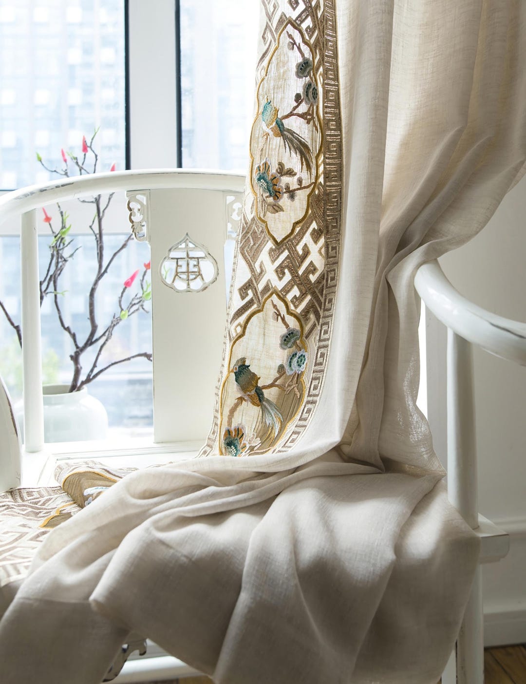 Pair of Chinese Style Sheer Panels - Bird Embroidered Linen Voile for ...