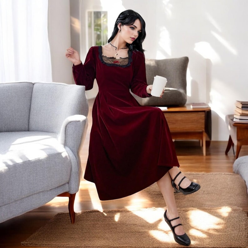 Velvet Dress | Burgundy Long Dress | Long Sleeve Floor-length Gown ...