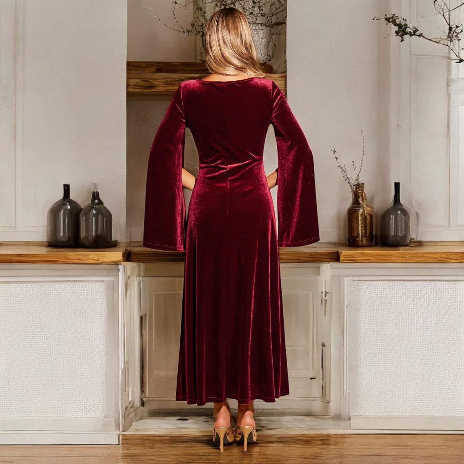 Velvet Dress | Burgundy Long Dress | Long Sleeve Floor-length Gown ...