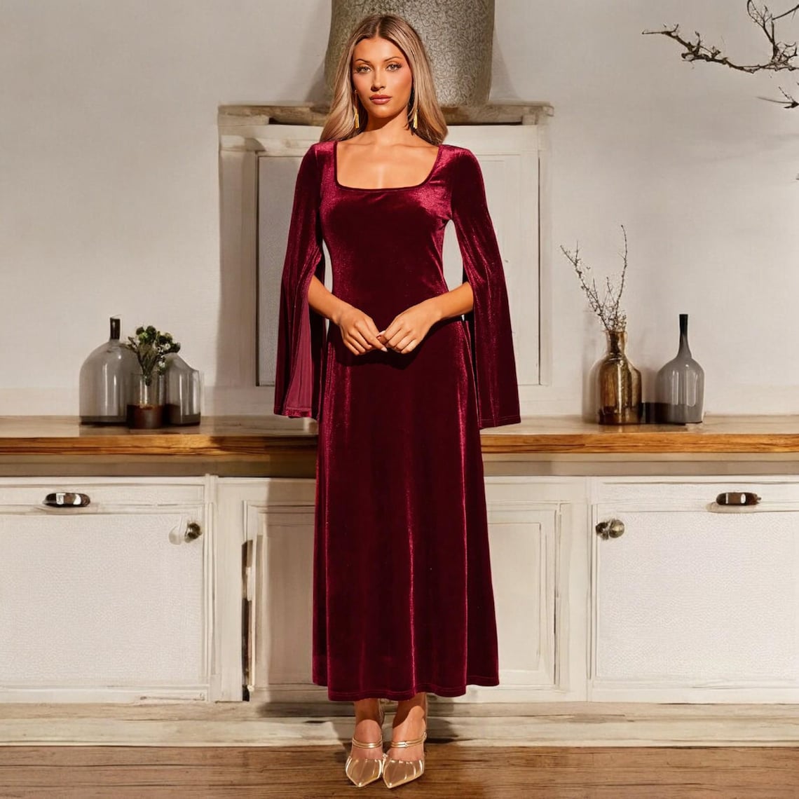 Velvet Dress | Burgundy Long Dress | Long Sleeve Floor-length Gown ...