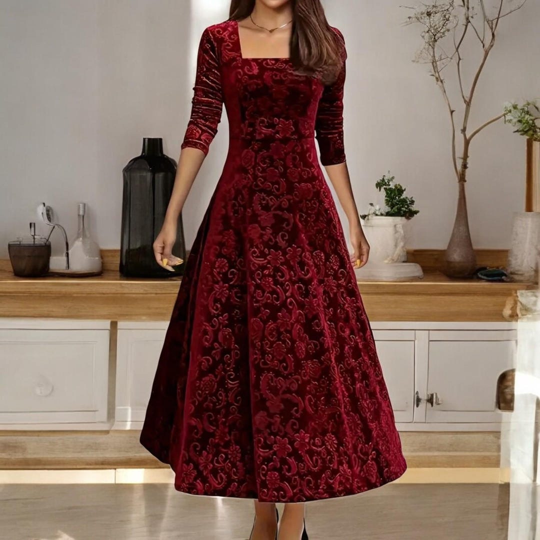 Velvet Dress | Burgundy Long Dress | Long Sleeve Floor-length Gown ...