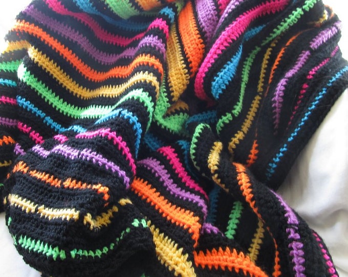 Hand Crochet Blanket Afghan Multicolor Neon Stripes Rainbow - Etsy
