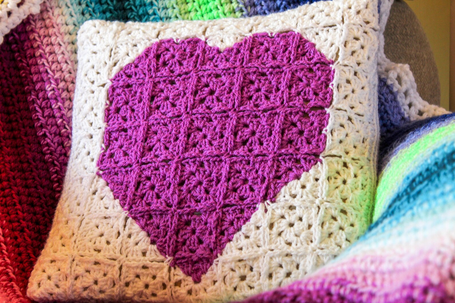 Crochet Patchwork Heart Pillow Cover, Granny Square Heart Pillow - Etsy