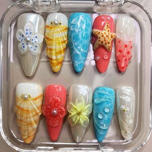 Summer Press on Nails With 3D Starfish, Shells and Tropical Flowers ...