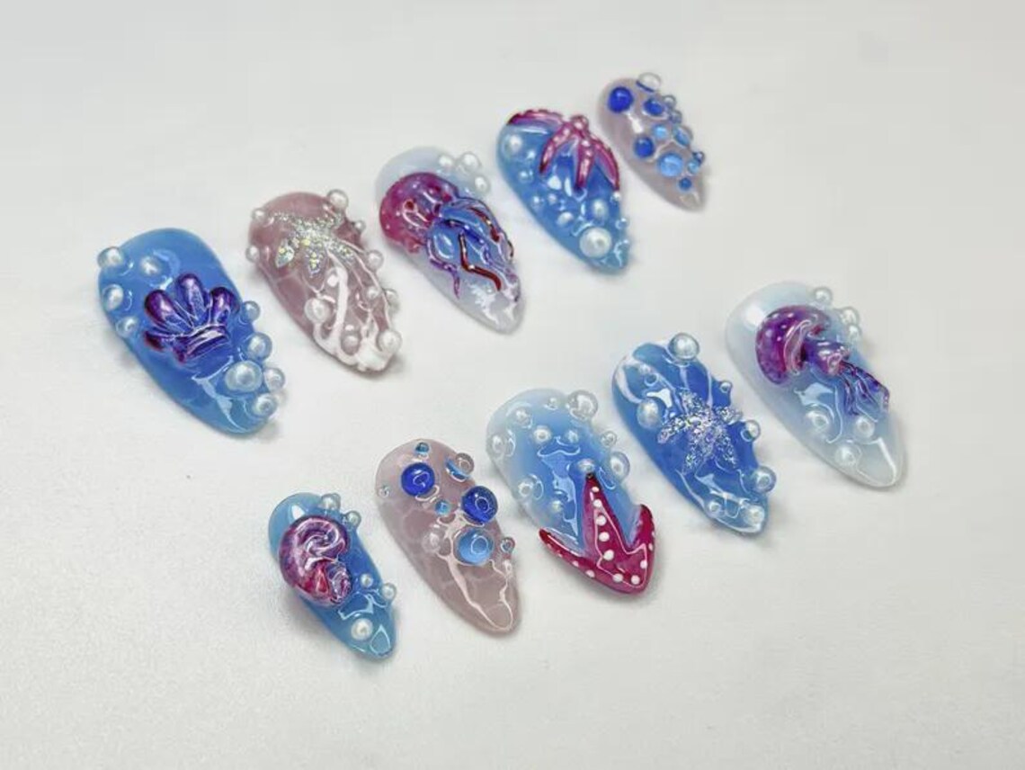Deep Sea Themed Press on Nails | 3D Starfish & Seashell Nail Art ...