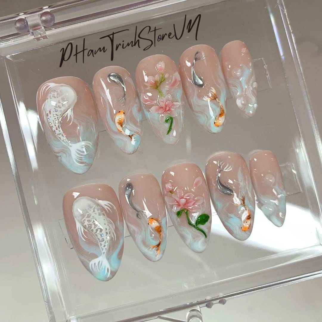 Koi Pond Bliss Press on Nails | Koi Floral Acrylic Nails | Serene ...