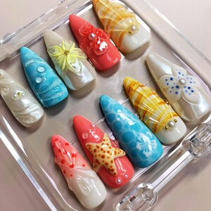 Summer Press on Nails With 3D Starfish, Shells and Tropical Flowers ...