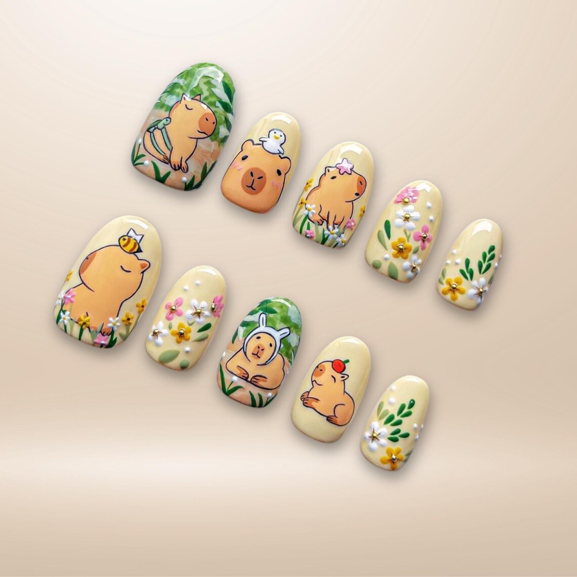 Capybara Garden Press on Nails: Handmade Kawaii Animal Art - Etsy