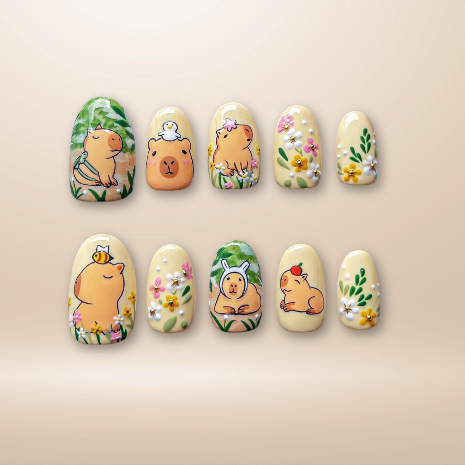 Capybara Garden Press on Nails: Handmade Kawaii Animal Art - Etsy