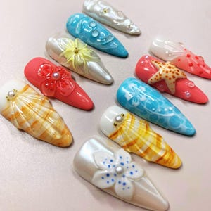 Summer Press on Nails With 3D Starfish, Shells and Tropical Flowers ...