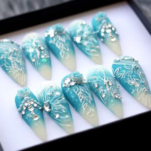Blue Fairy Magical Press on Nails | 3D Glitter Ombre Fake Nails ...