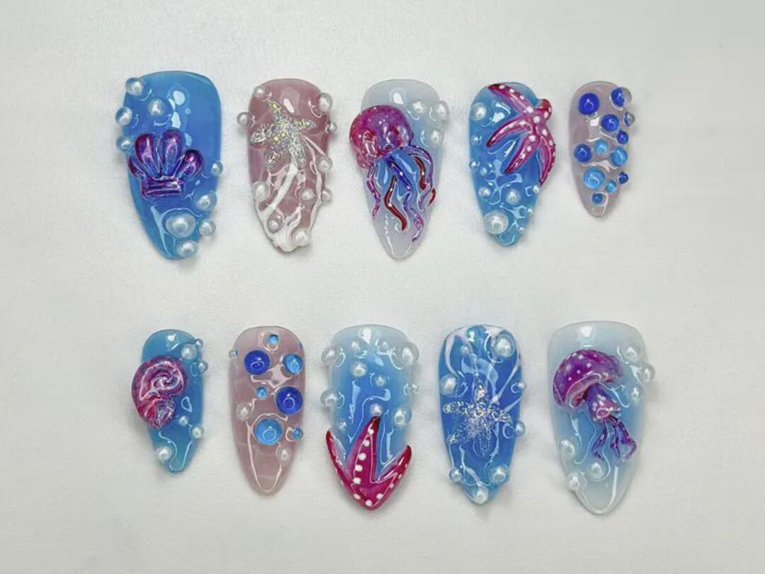 Deep Sea Themed Press on Nails | 3D Starfish & Seashell Nail Art ...