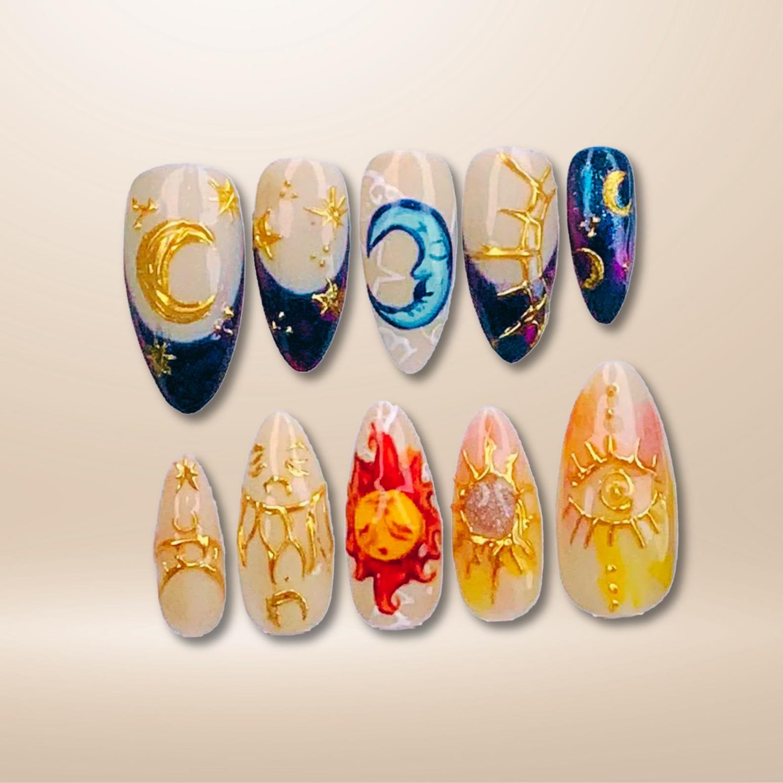 Celestial Sun and Moon Press on Nails | Gold Star, Cosmic Eye Design ...