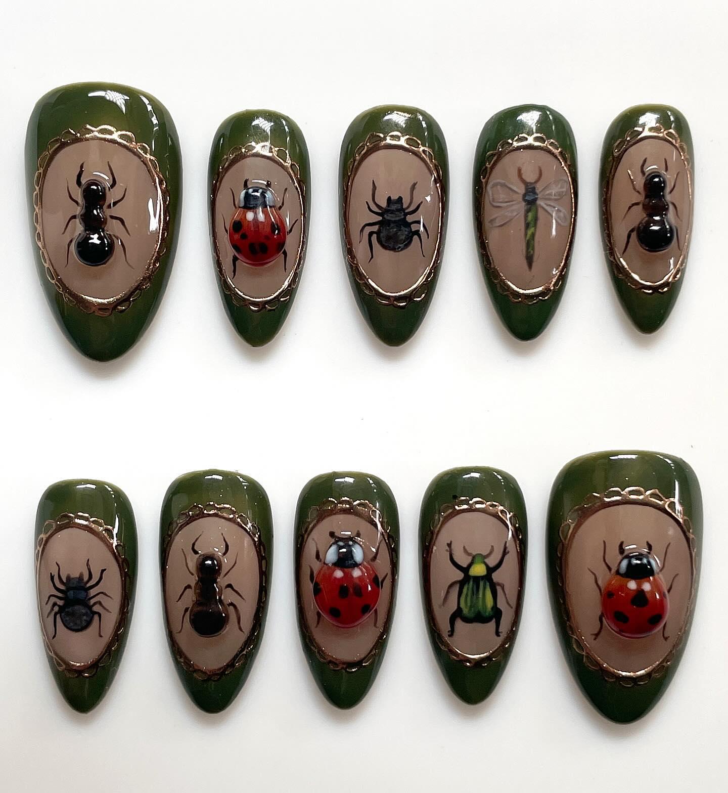 Bug Beetle Press on Nails: Handmade Forest Green Autumn Ladybug Details ...
