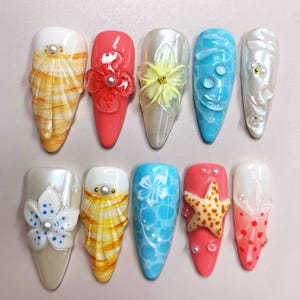 Summer Press on Nails With 3D Starfish, Shells and Tropical Flowers ...
