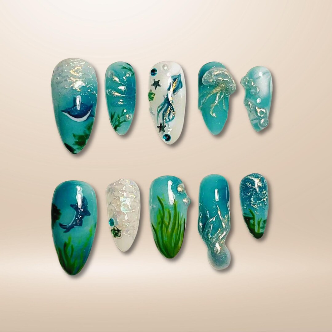 Reusable Ocean Press on Nails | 3D Handmade Gel Fake Nails With Whales ...