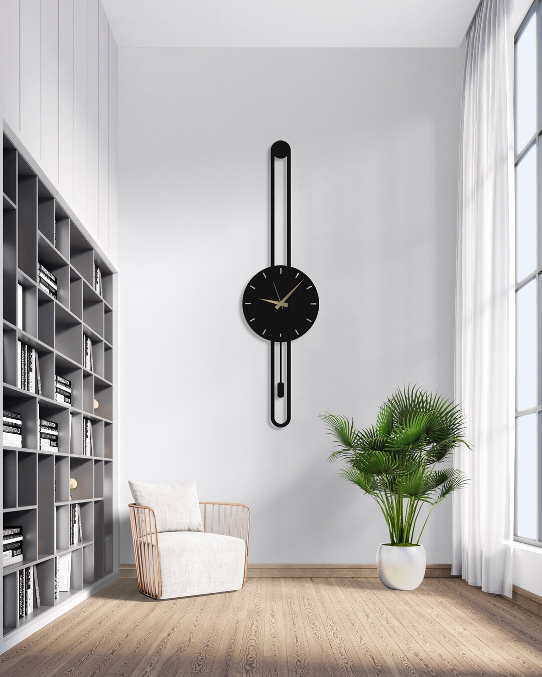 Modern Long Minimalist Metal Wall Clock – Oversized Black Steel ...