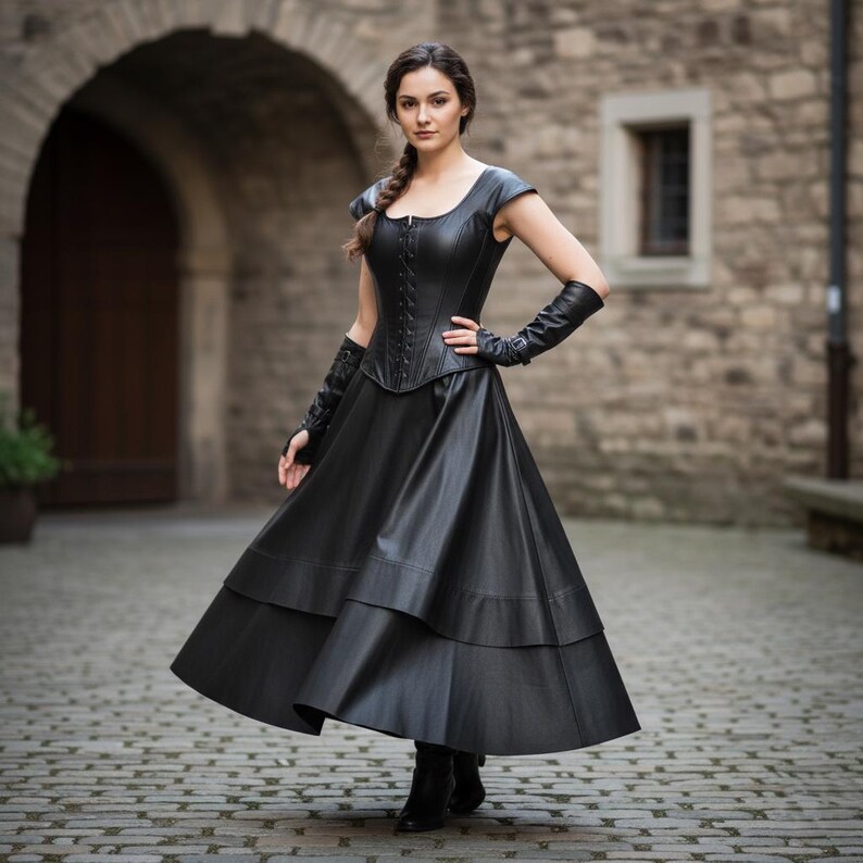 Custom Genuine Leather Medieval Women’s Dress – Handmade Black Corset ...