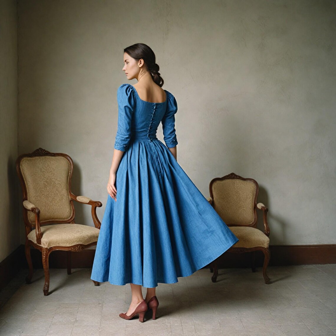 Classic Blue Denim-inspired Medieval Dress for Women Long Sleeve Square ...