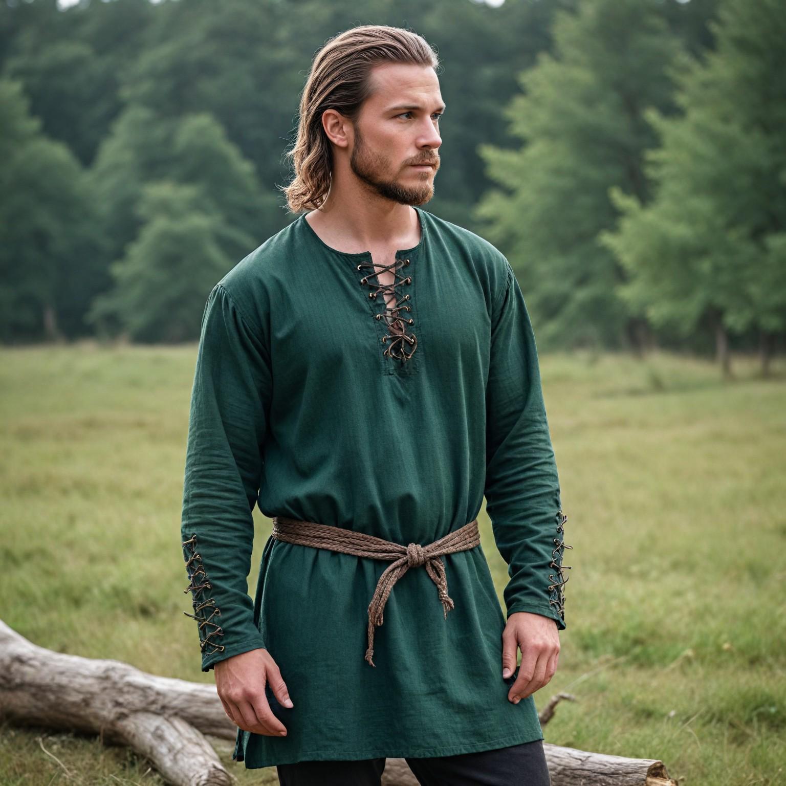 Forest Green Medieval Tunic for Men Long Sleeve Lace-up Neckline Shirt ...