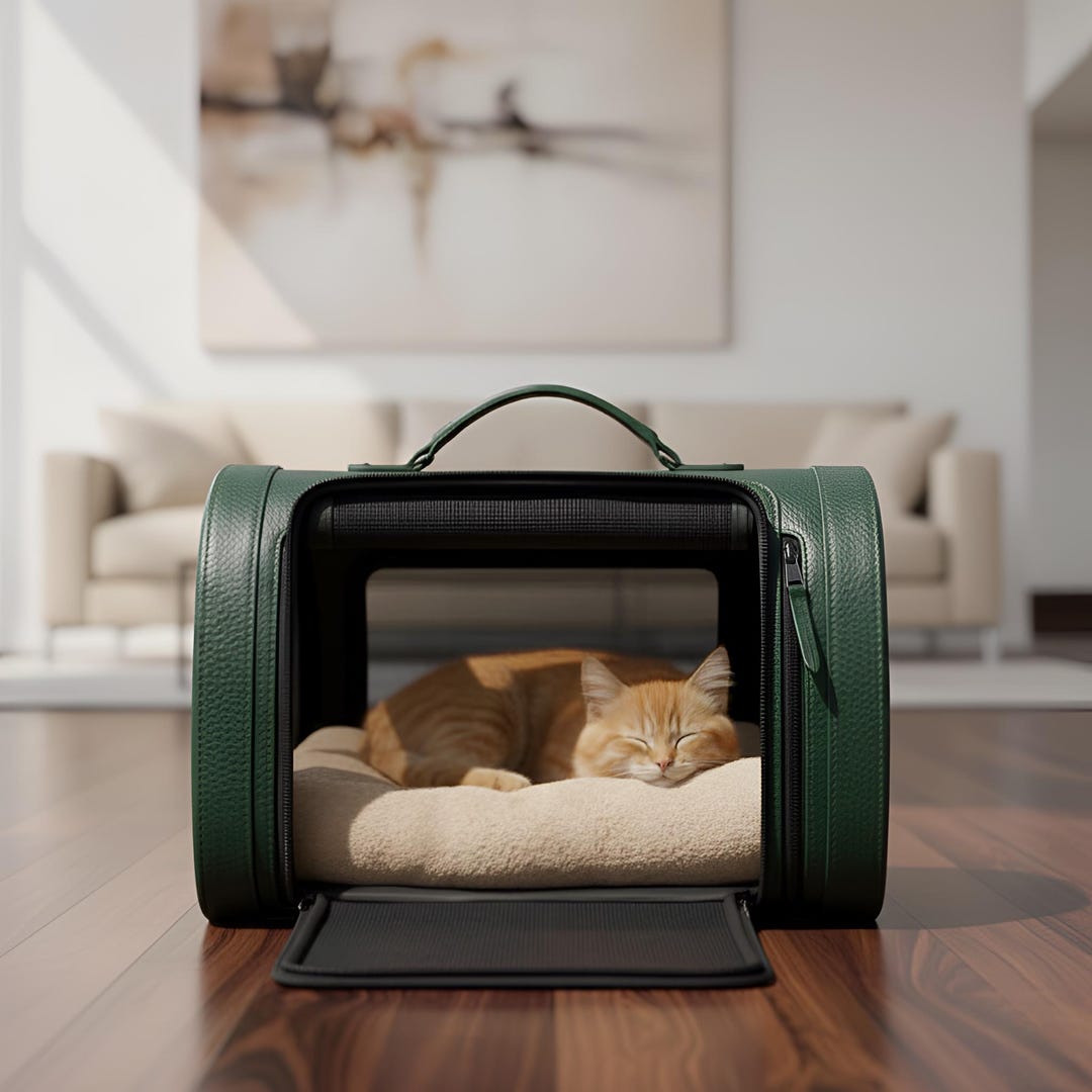 Green Genuine Leather Rounded Body Pet Carrier Bag | Wide Mesh Front ...